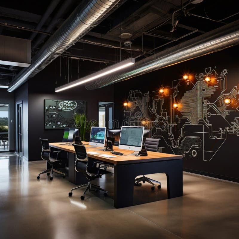 A Sleek Tech Startup Office with a 3D Circuit Board Wall Stock ...