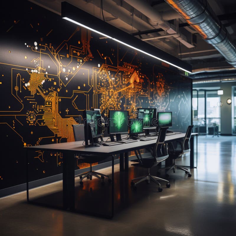 A Sleek Tech Startup Office with a 3D Circuit Board Wall Stock ...