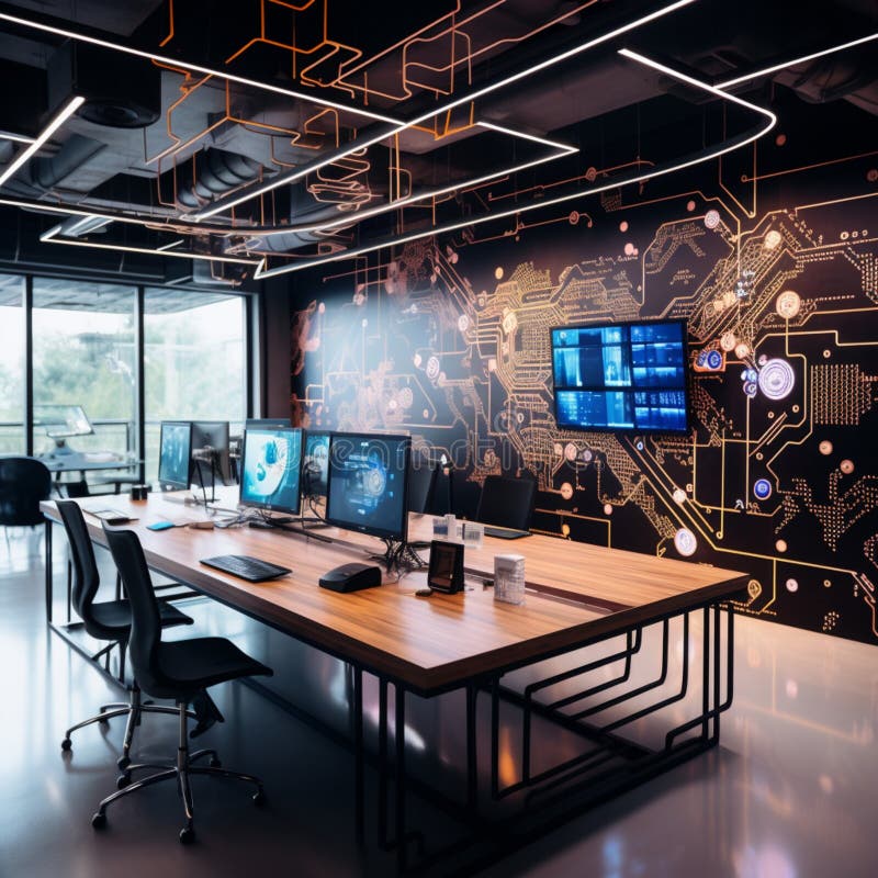A Sleek Tech Startup Office with a 3D Circuit Board Wall Design Stock ...