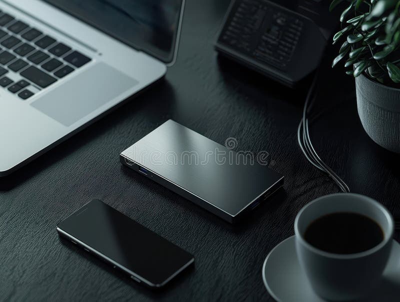 Sleek Technology Setup with Laptop, Smartphone, and Coffee Cup Stock ...