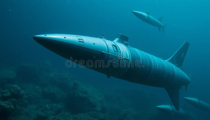 A Sleek, Torpedo-shaped Submarine is Underwater, Its Metallic Surface ...
