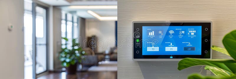 A Sleek Touchscreen Panel Mounted on a Wall in a Modern Smart Home. the ...