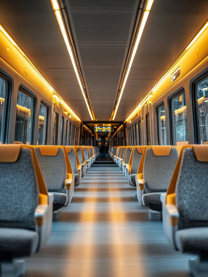 Modern Train Interior with Spacious Seating and Soft Lighting during a ...