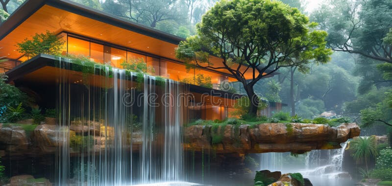 A Sleek, Transparent House Surrounded by Cascading Waterfalls Stock ...