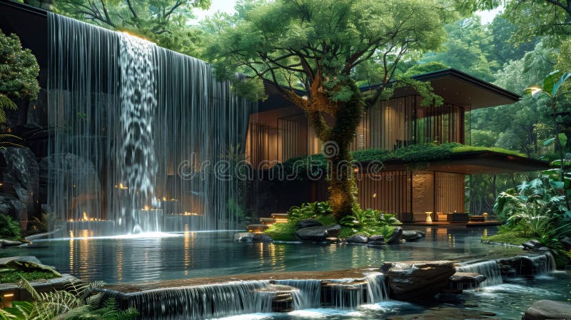 A Sleek, Transparent House Surrounded by Cascading Waterfalls Stock ...