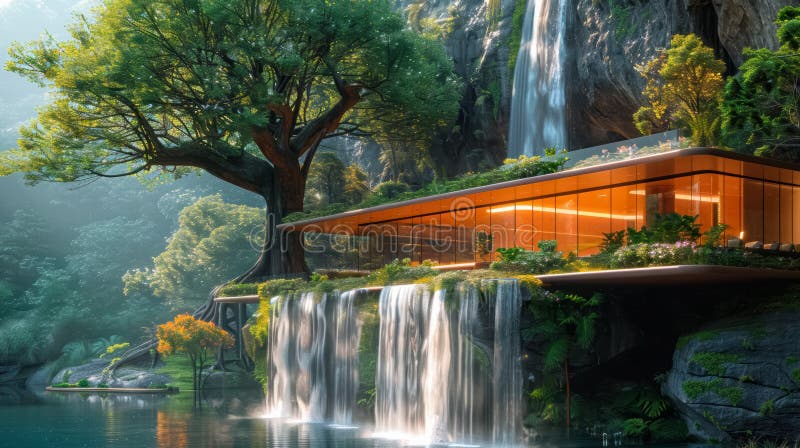 A Sleek, Transparent House Surrounded by Cascading Waterfalls Stock ...