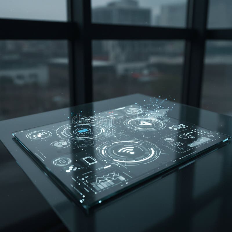 A Sleek, Transparent Touchscreen Interface Displays Digital Icons and ...