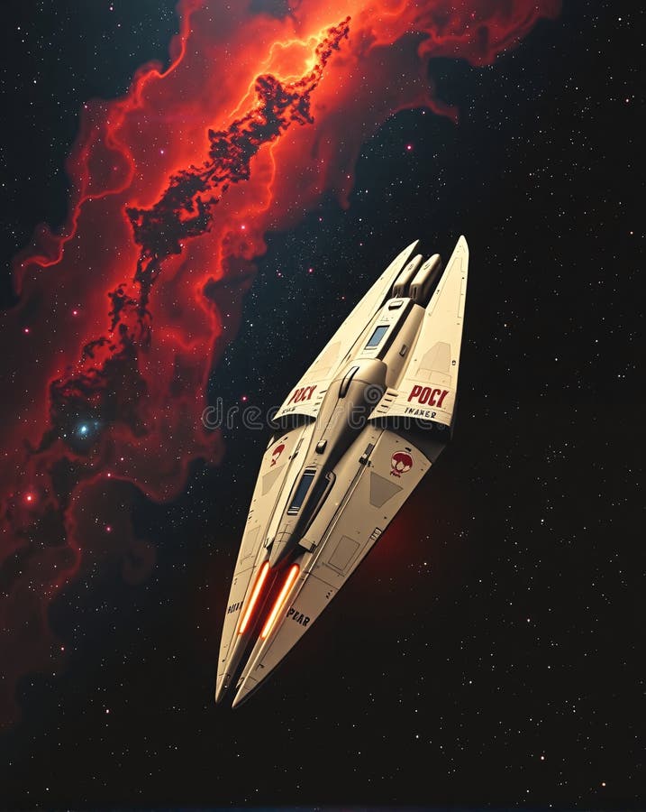 Sleek, Triangular Spaceship with Pointed Nose, Twin Engines, and Red ...