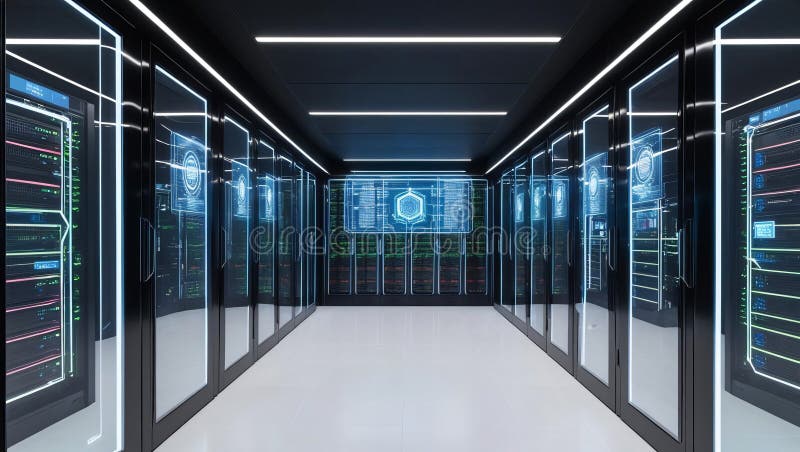 Sleek, Ultra Modern Server Room Featuring Data Visualization Holograms ...