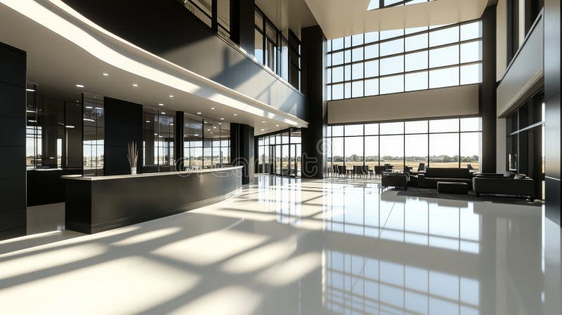 A Sleek, Uncluttered Office Lobby with Ample Windows and Seating, Ideal ...