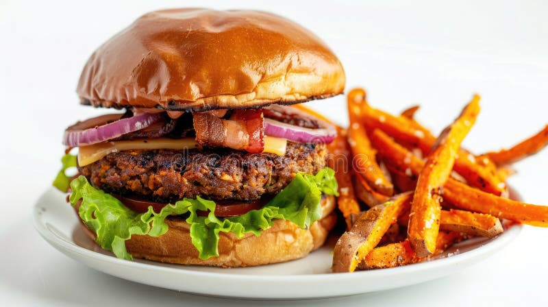 Sleek Vegan Cheeseburger Set, with Layered Textures Against a White ...