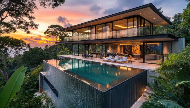 Modern Villa with Infinity Pool Overlooking Lush Landscape at Sunset ...