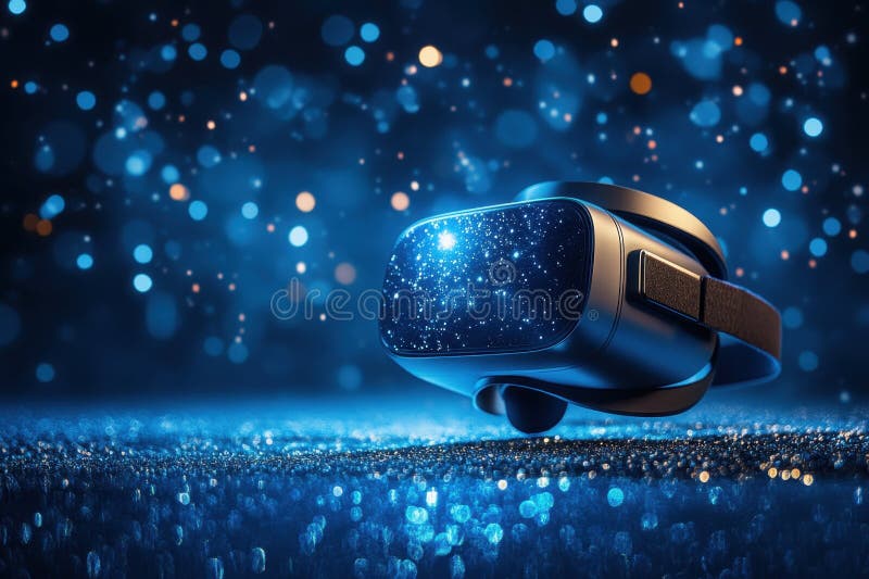 A Sleek Virtual Reality Headset Sits on a Sparkling Surface Under a ...