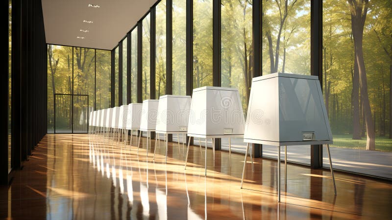 Sleek Voting Booths in a Modern Facility with Floor-to-ceiling Windows ...