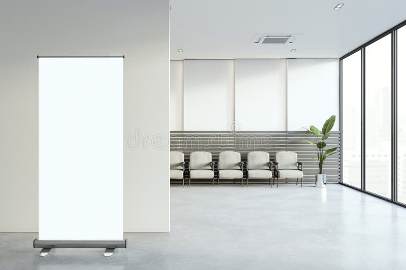Sleek Waiting Room Design Featuring a Roll-up Banner for Customizable ...