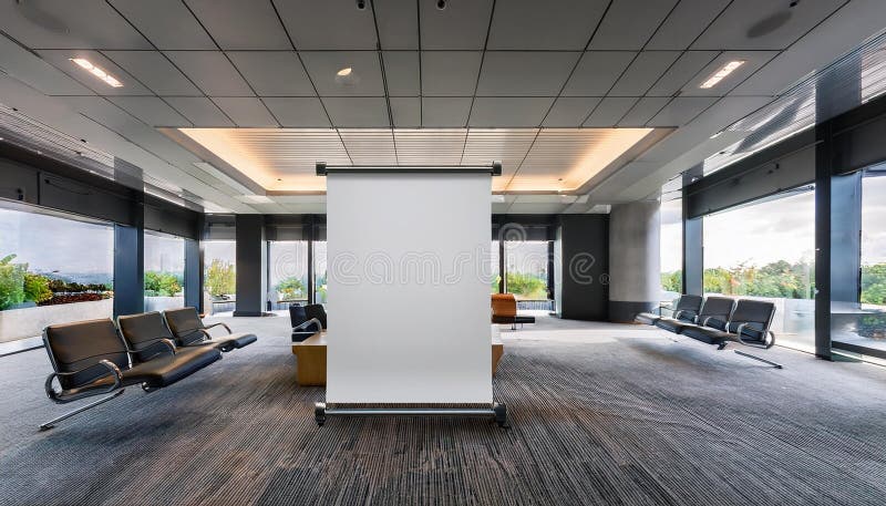 Sleek Waiting Room Design Featuring a Roll-up Banner for Customizable ...