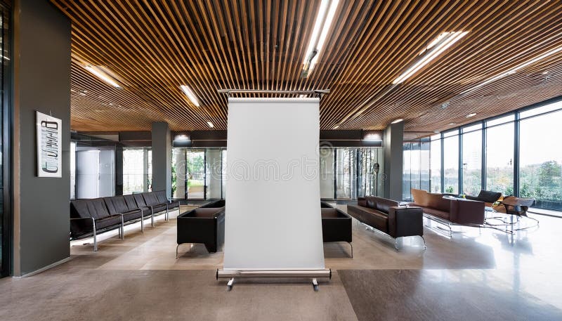 Sleek Waiting Room Design Featuring a Roll-up Banner for Customizable ...