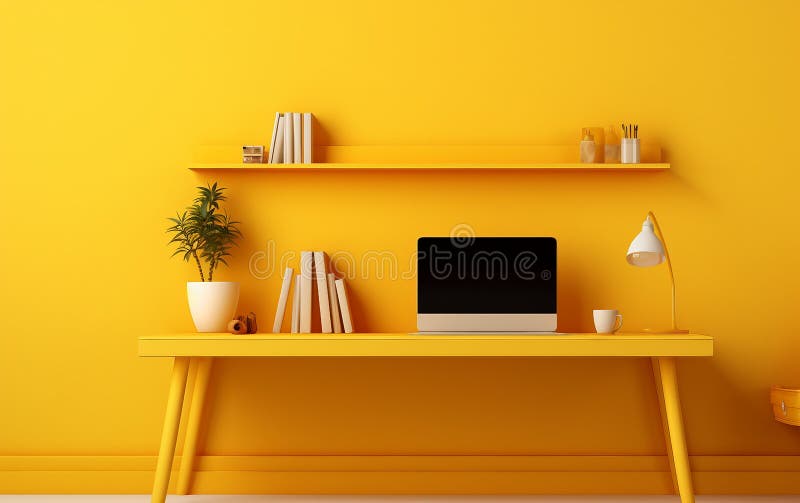 Sleek Wall-Attached Computer Workspace on Yellow Background -Generative ...
