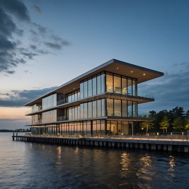 Sleek Waterfront Structure Featuring Large Glass Windows and Spacious ...