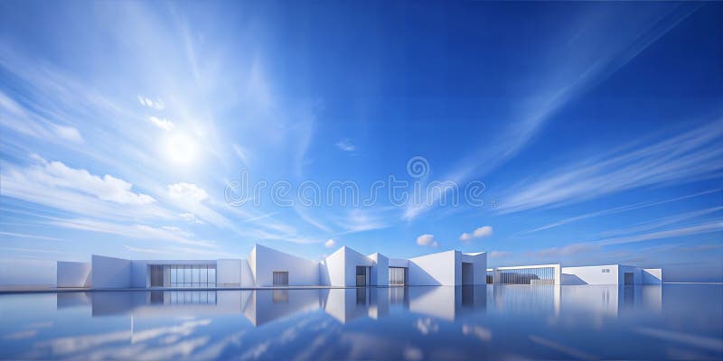 A Sleek White Building with Angular Designs and a Calm Reflecting Pool ...