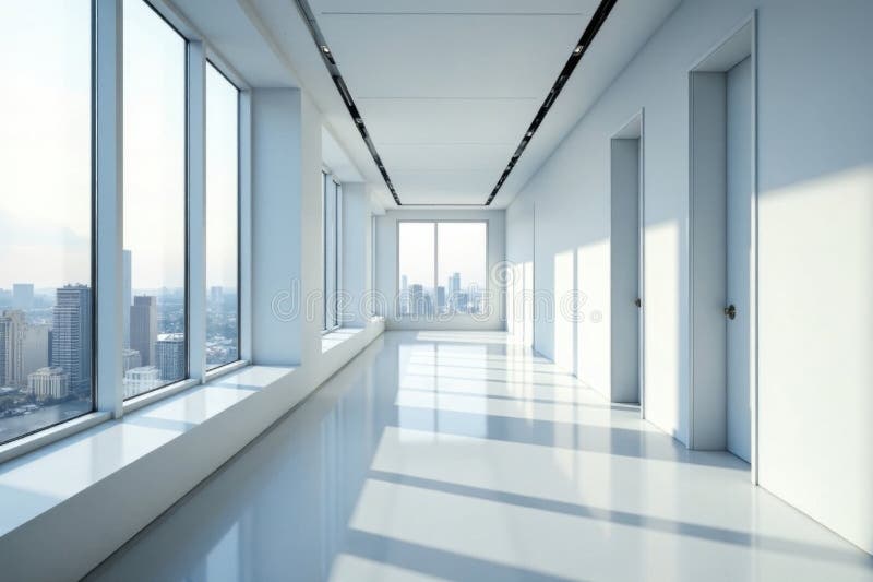 Sleek White Corridor, Large Meeting Room Window Feature, Interior ...