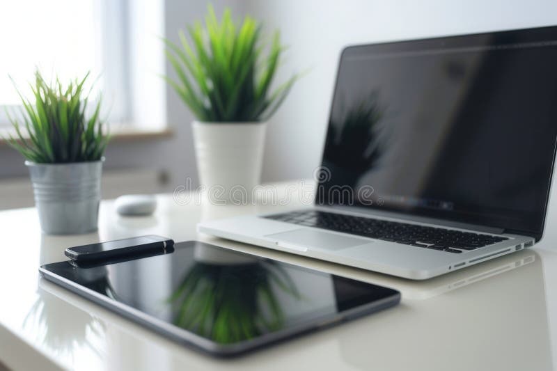 A Sleek White Desk with a Modern Laptop and Tablet, Both Displaying ...