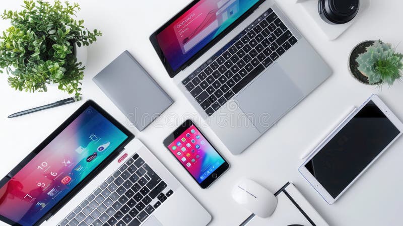 A Sleek White Desk with Modern Laptops and Tablets Displaying Vibrant ...