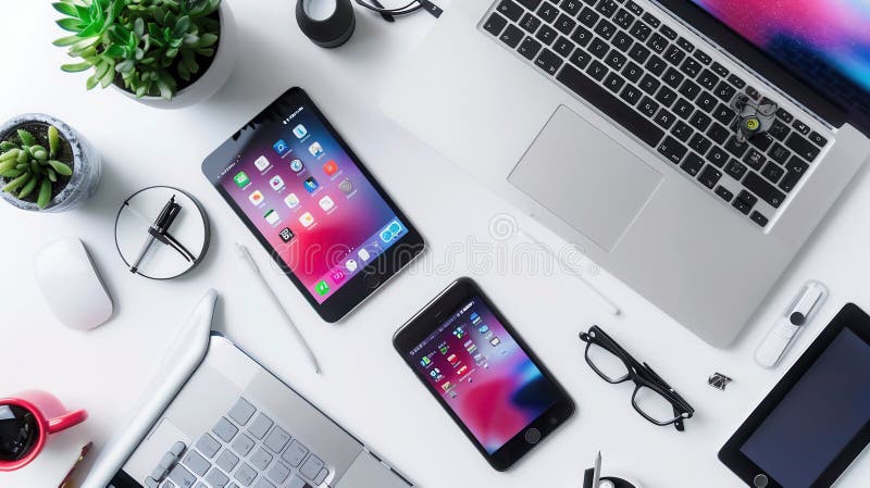 A Sleek White Desk with Two Modern Laptops and a Tablet, All Displaying ...