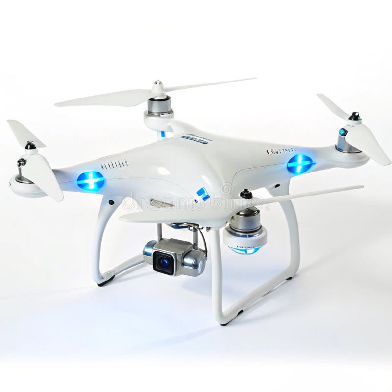 White Drone with Blue Lights Isolated on White Background Stock ...