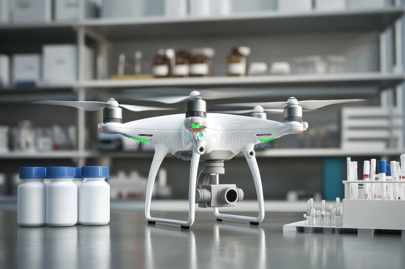 Drone Preparing for a Medical Analysis in a Laboratory Filled with ...
