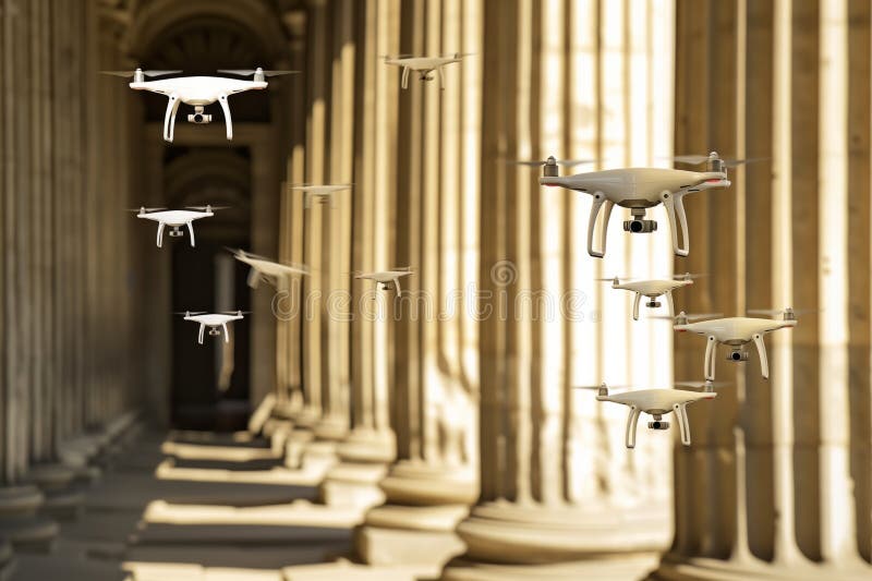 Sleek, White Drones Flying in Formation Down a Columned Hallway Stock ...
