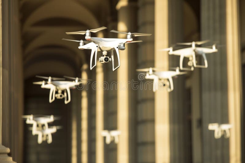 Sleek, White Drones Flying in Formation Down a Columned Hallway Stock ...