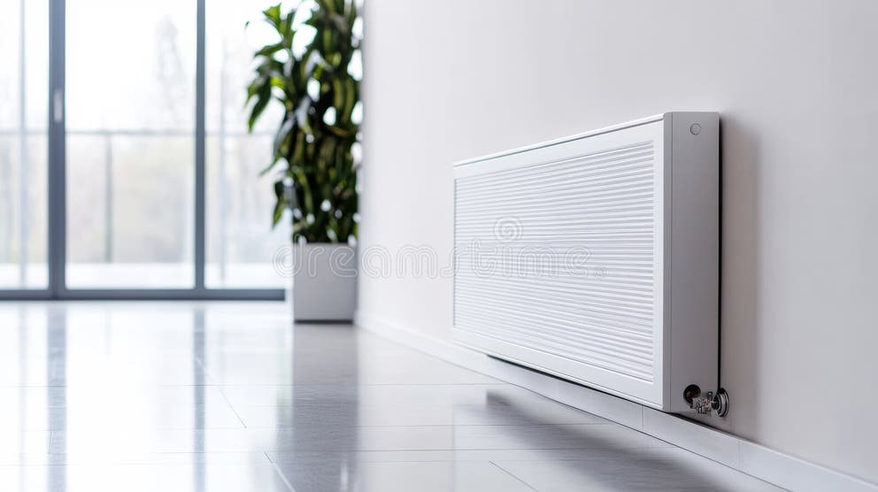 White Floor Mounted Heating Convector Installed Along Glass Wall in a ...