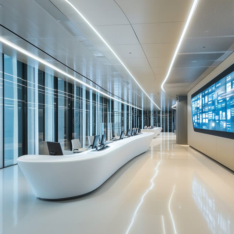 Sleek White Help Desk in an Empty High-tech Office Environment with ...