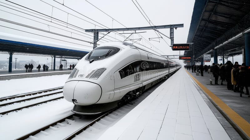 Sleek White High-speed Train at Snowy Platform Stock Image - Image of ...