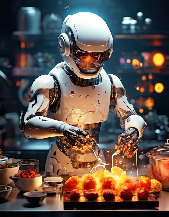 Robotic Chef Preparing a Meal with Precision in a Futuristic Kitchen ...