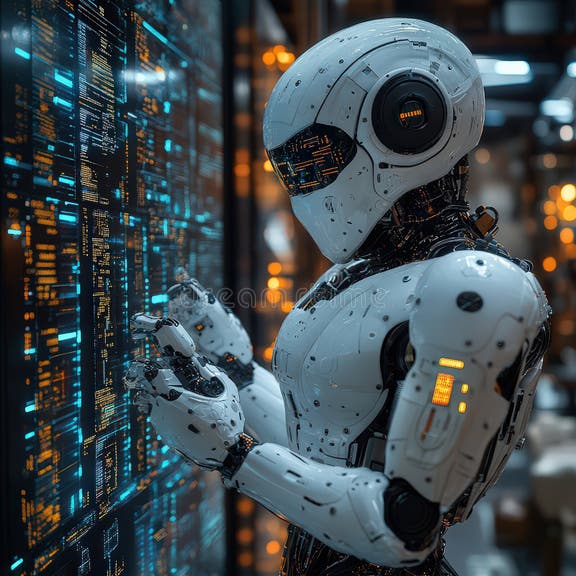 Digital Humanoid Robot Analyzing Data on a High-tech Screen Stock ...