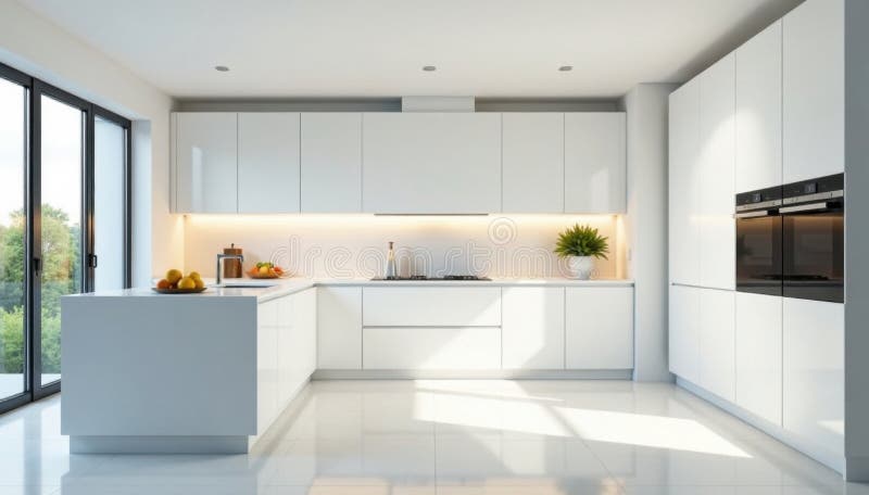 Sleek White Kitchen, Minimalist Design, Bright Lighting, Minimalist ...