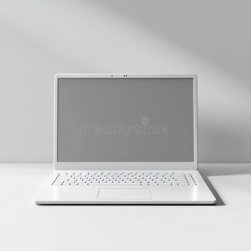 Sleek White Laptop on Minimalist Desk with Soft Light and Shadow Stock ...