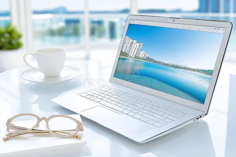 Sleek White Laptop on Round Table with Scenic Beach View and ...