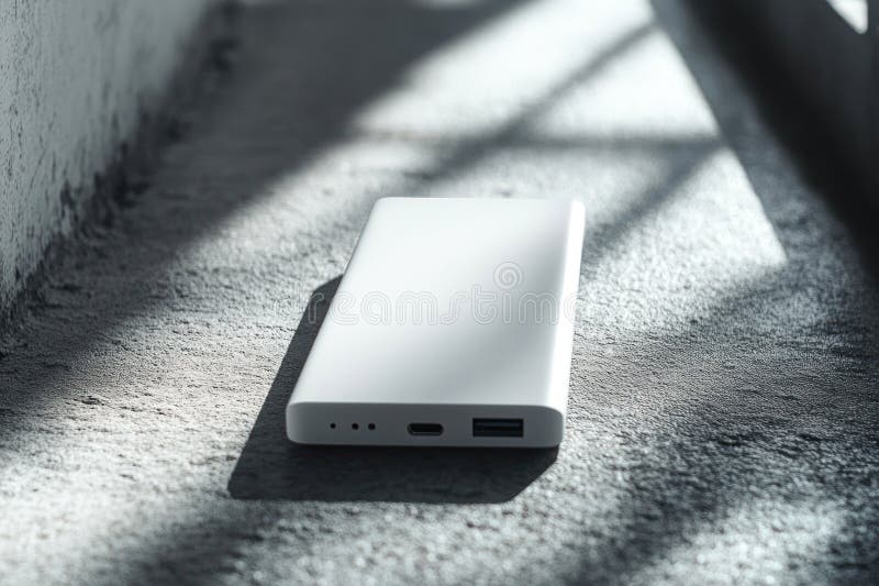 A Sleek White Power Bank with Compact Design Rests on Textured Surface ...