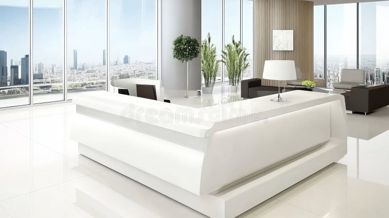 Sleek White Reception Desk in Modern Office Setting, Welcoming First ...