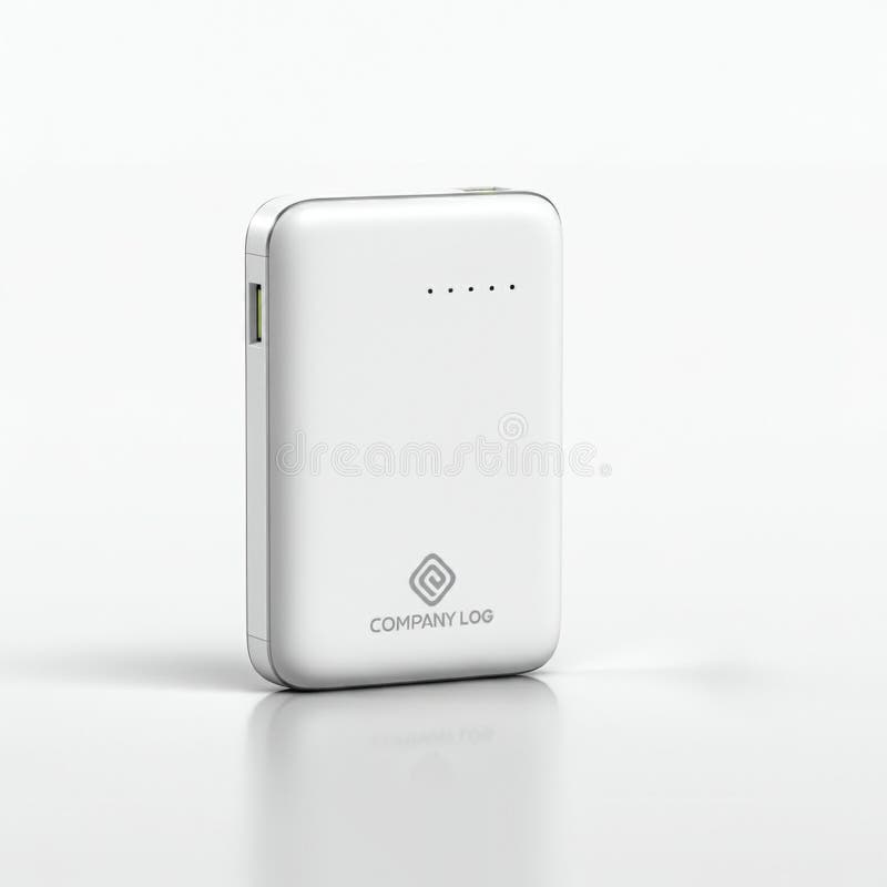 A Sleek, White Rectangular Power Bank Stands Upright on a Reflective ...