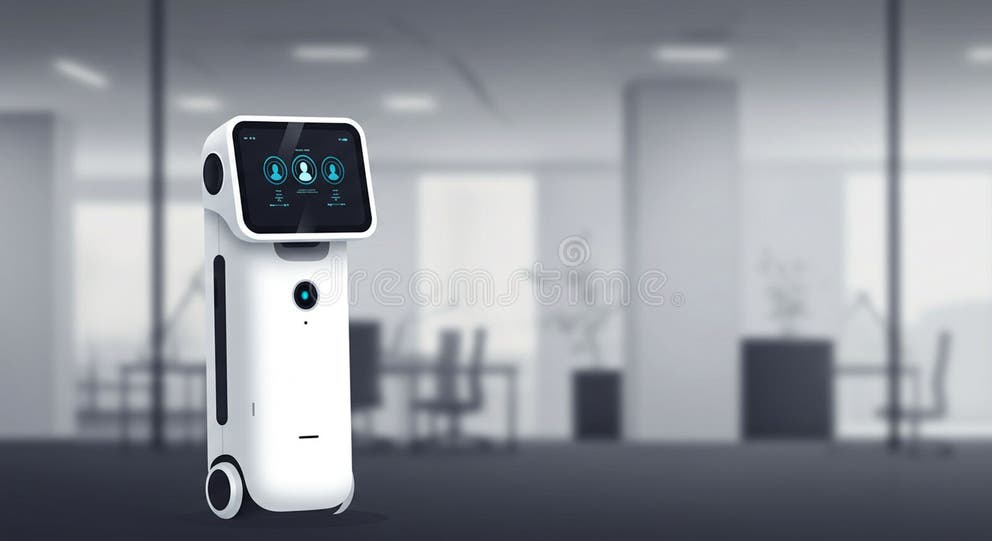 A Sleek, White Robot with a Rectangular Screen for a Face Stands in a ...