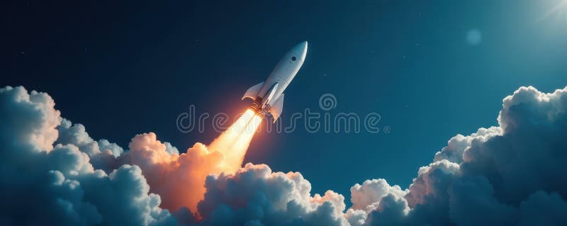 Sleek White Rocket Blasting Off into Dark Blue, Symbolizing Ambitious ...