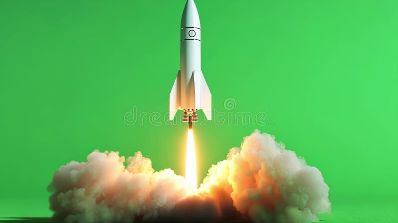 White Rocket Launching with Smoke on Green Screen Background Stock ...