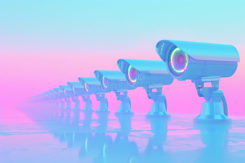 Sleek White Security Cameras with Holographic Details on Pastel ...