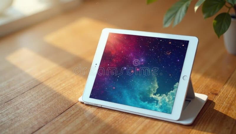 Sleek White Tablet, Empty Display, Wooden Backdrop , Mockup, Template ...