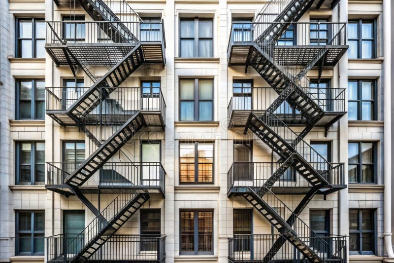 Sleek White Urban Building with Symmetrical Windows and Bold Fire ...