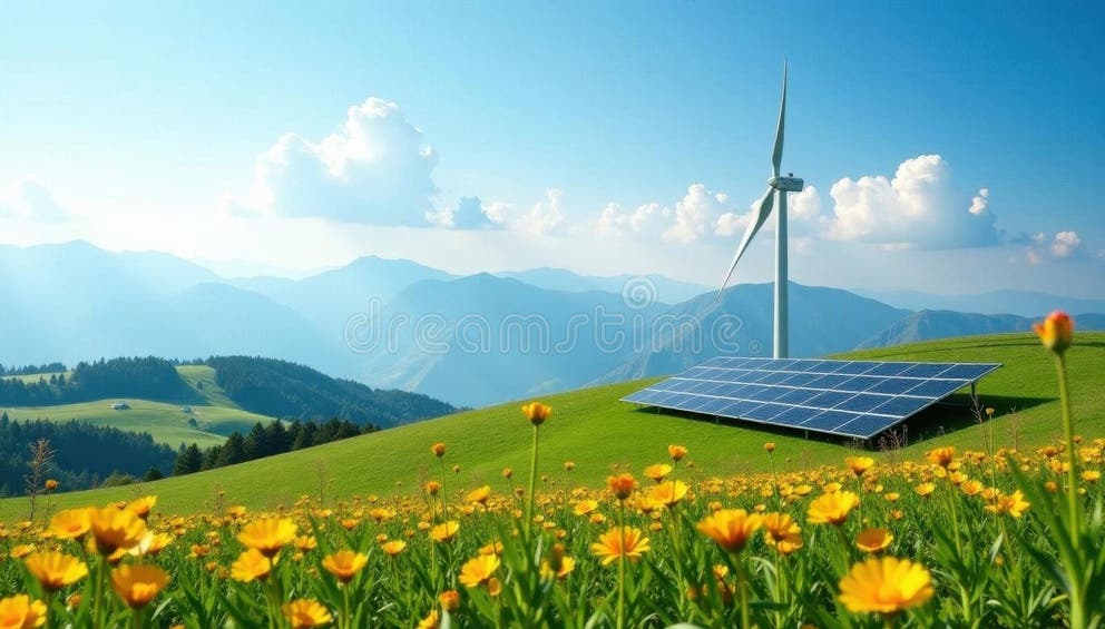 Sleek Wind Turbine Solar Array in High Altitude Meadow, Generation ...